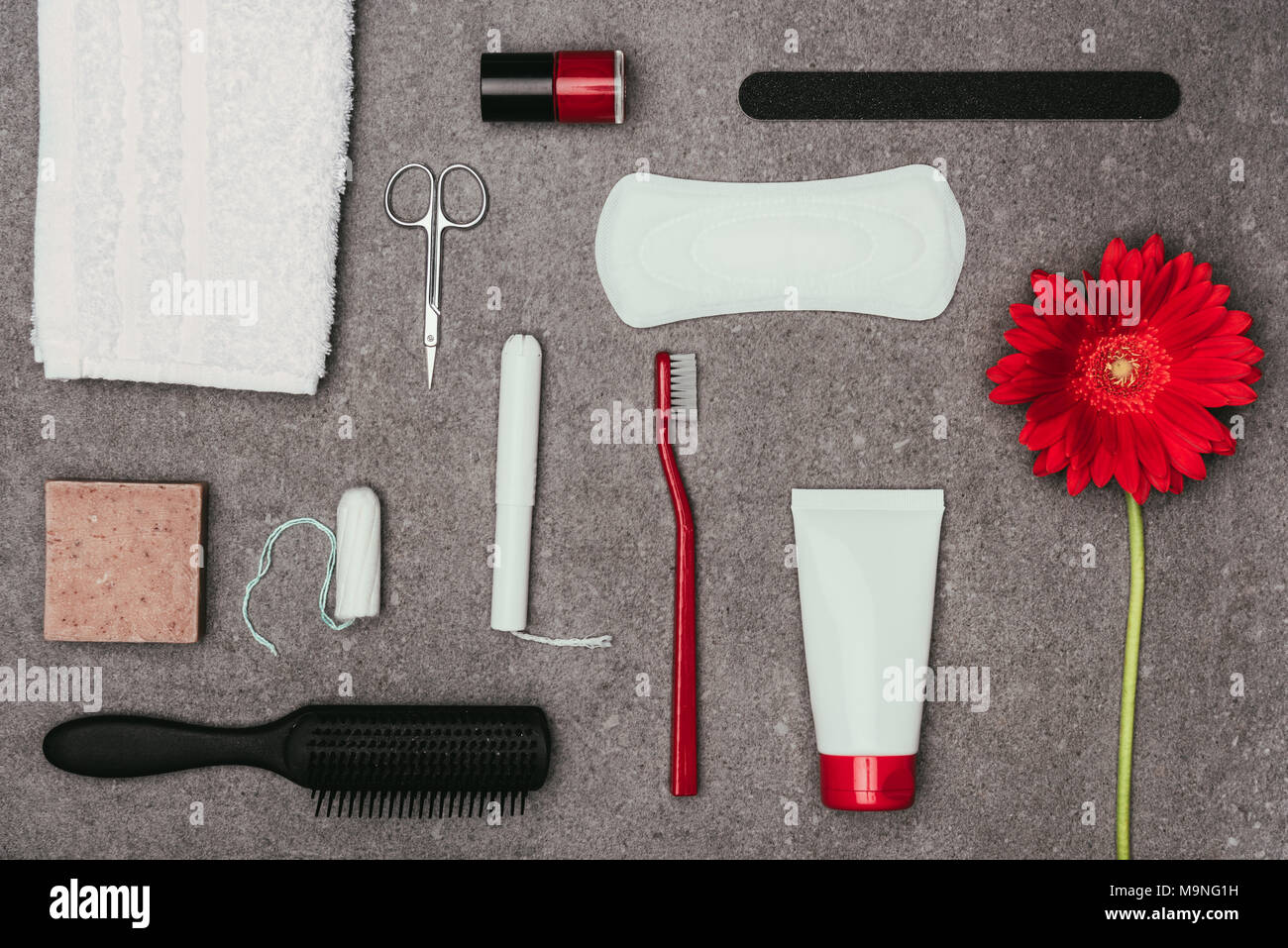 top view of arrangement of various feminine hygiene supplies and flower ...