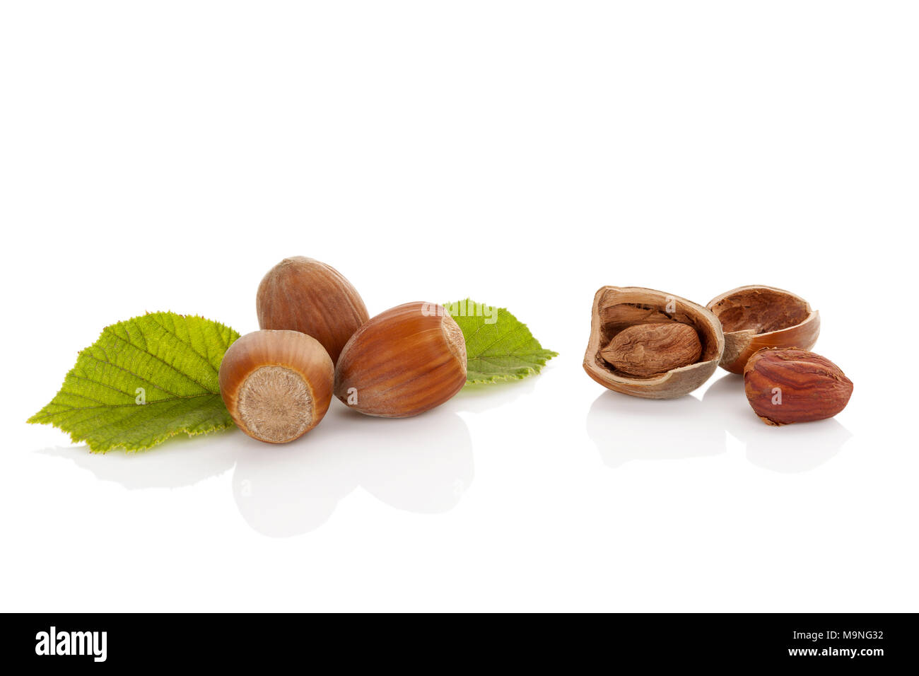 Hazelnuts with leaves isolated on white background. Healthy nut eating ...