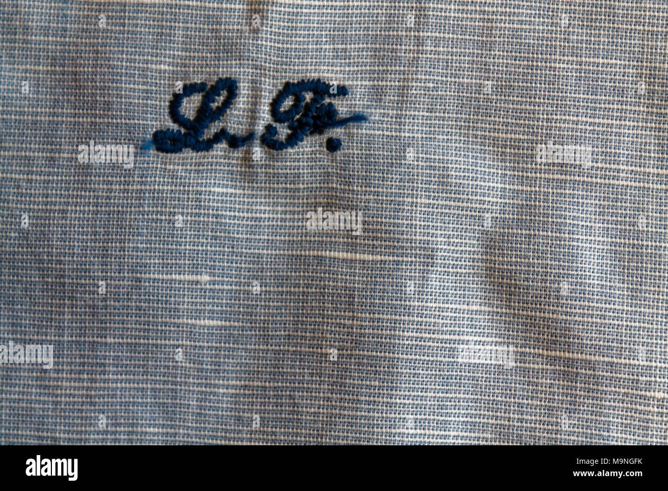 Blue linen close-up texture or background with initials Stock Photo - Alamy