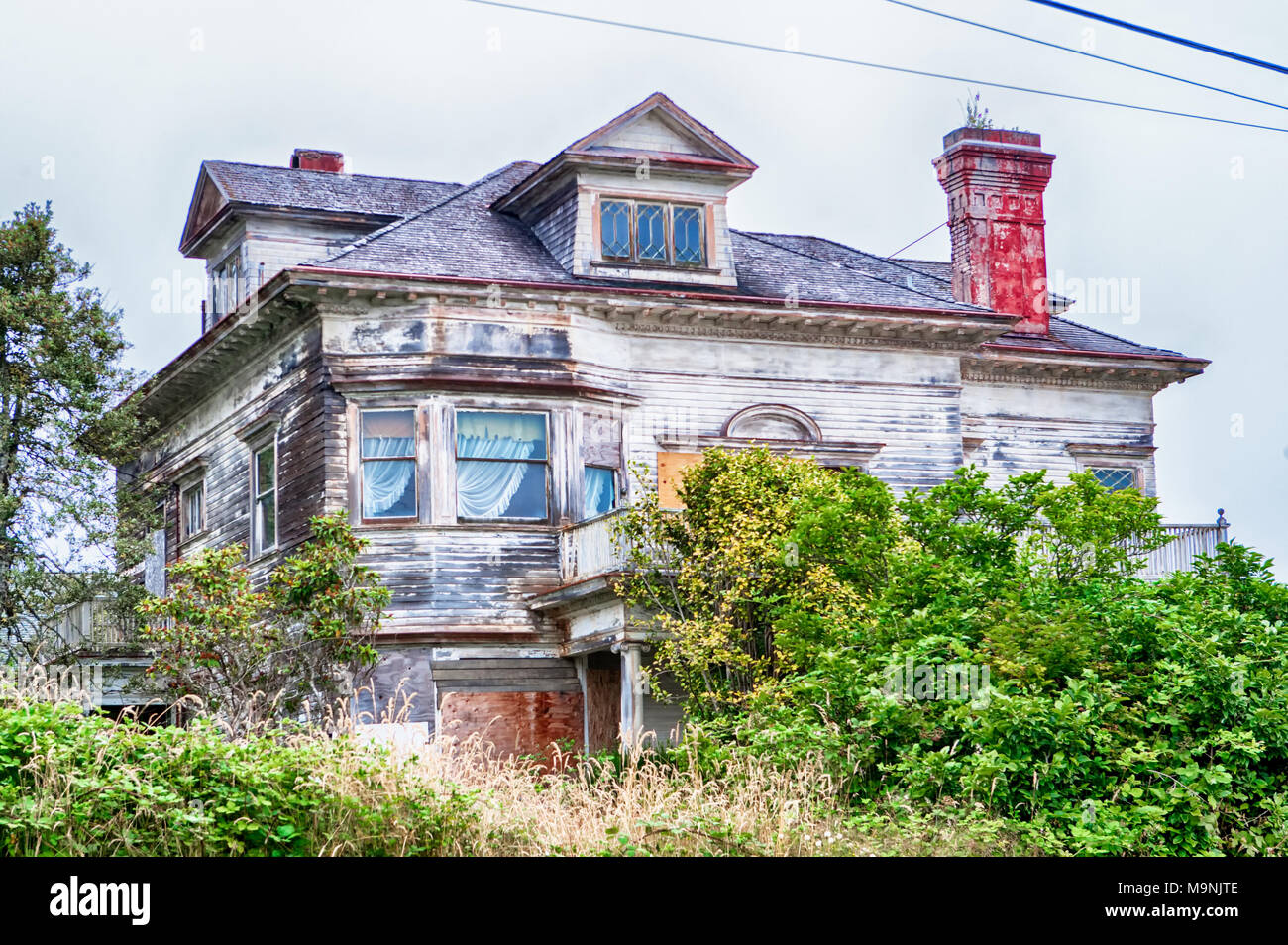 old abandoned farm house with overgrown bushes Stock Photo - Alamy