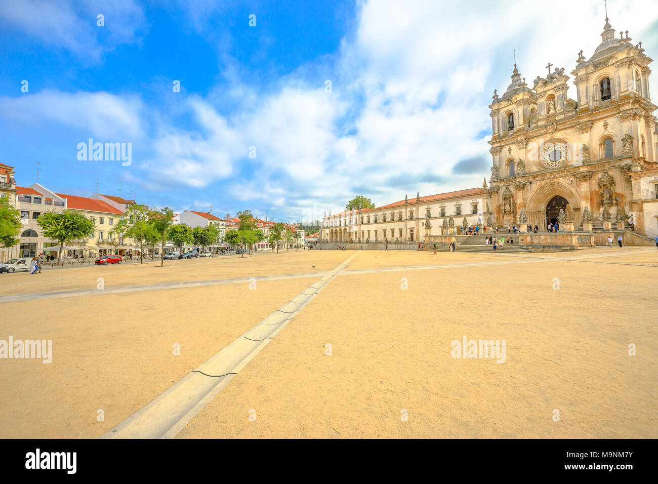 Landscape of Monastery of Alcobaca in central square of Alcobaca town ...