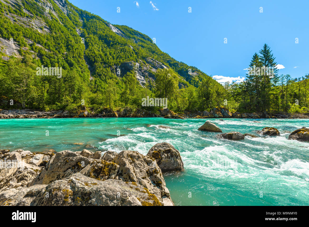 stream landscape with rapids, Norway, glacier river coming from ...