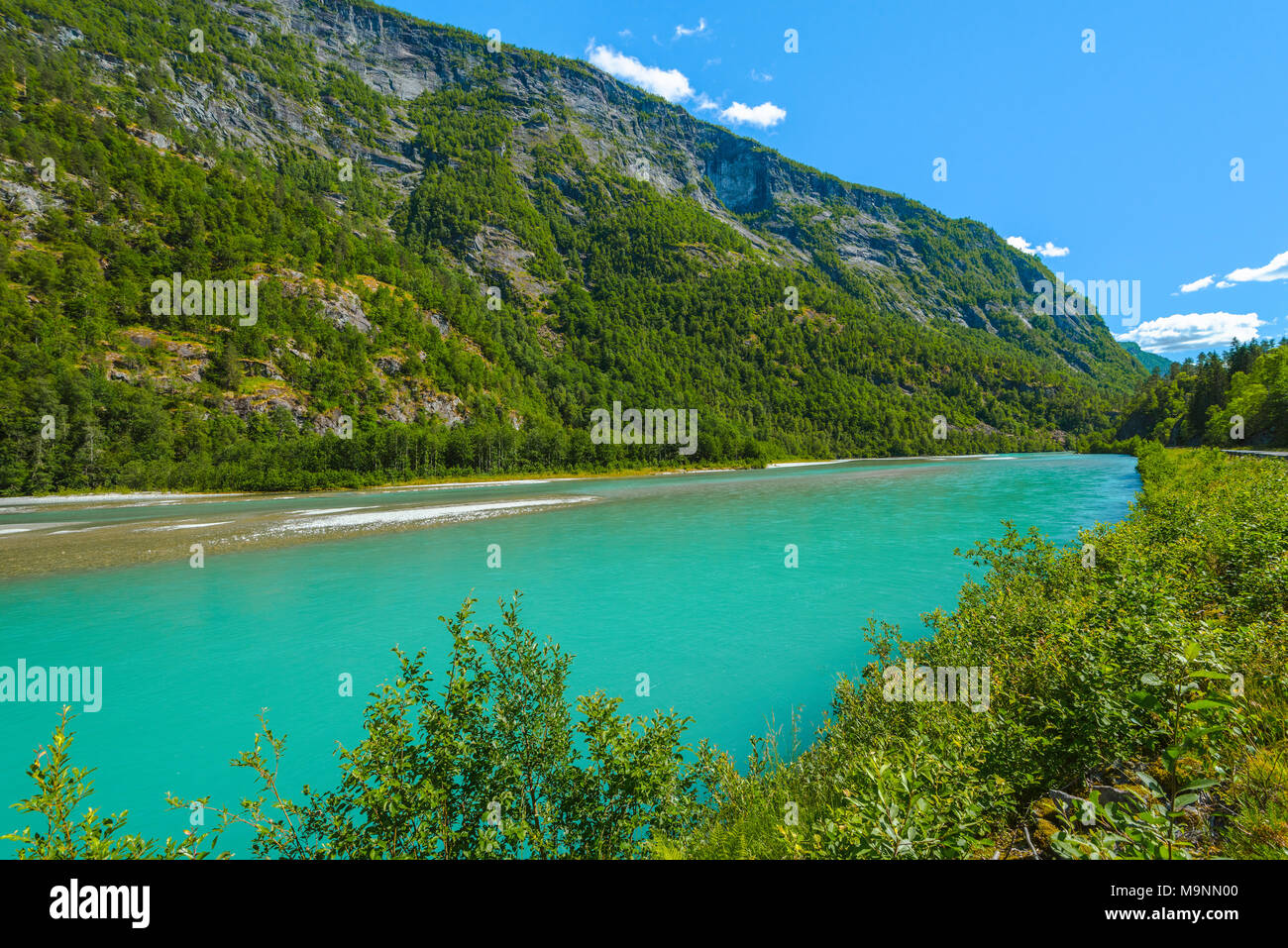 stream landscape of Norway, river of Jostedalen with glacial water ...