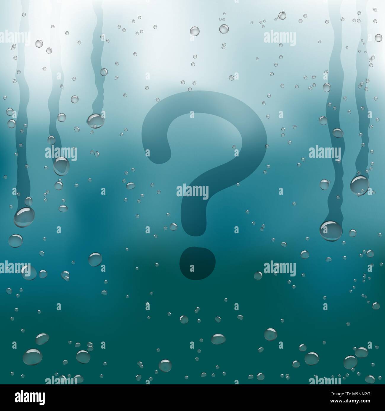 Finger draw question mark sign on rain blue background. Water hand ...