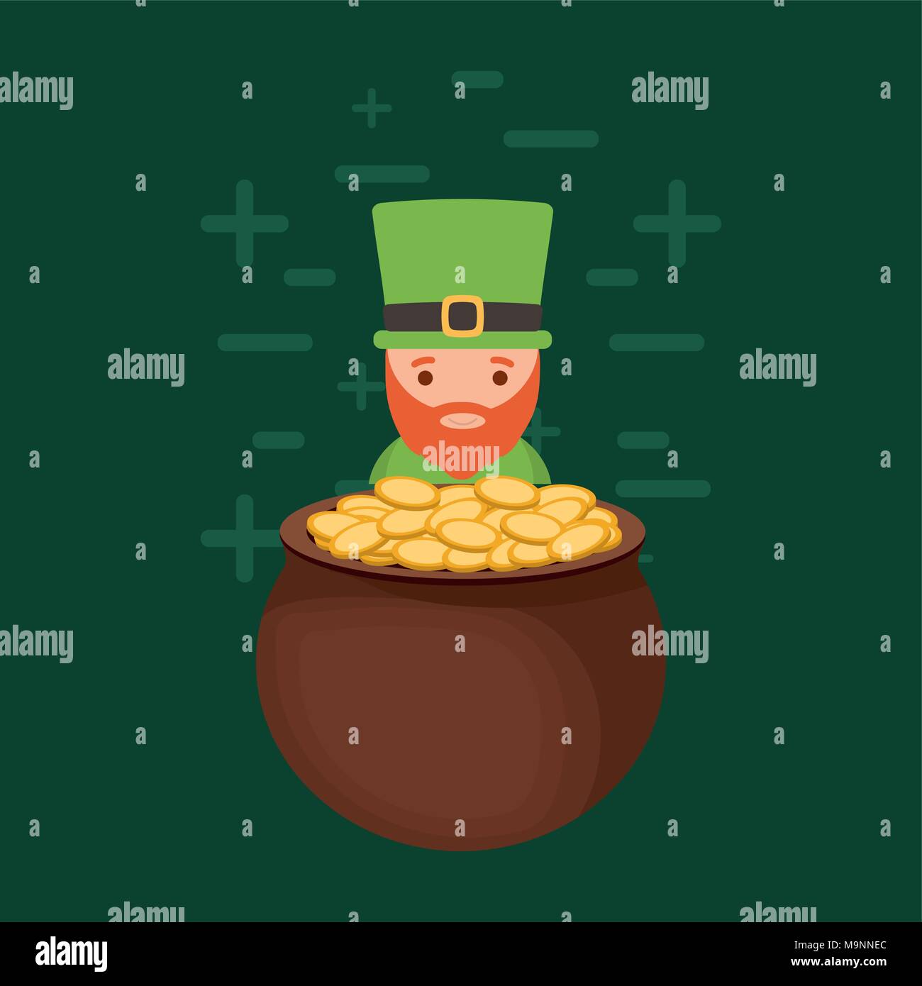 Irish leprechaun and pot of gold over green background, colorful design ...
