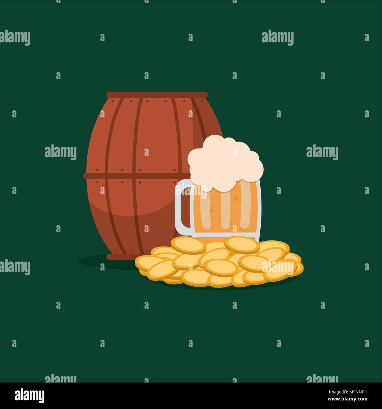 coins with beer jar and wooden barrel over green background, colorful ...