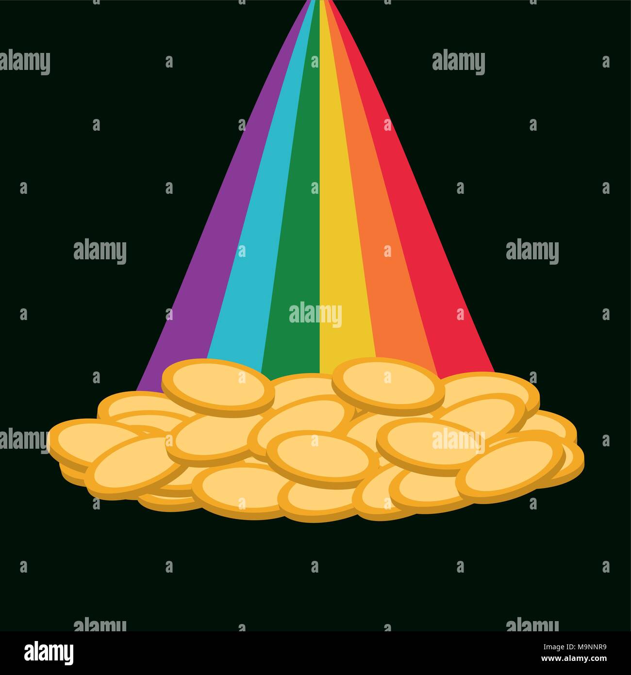 rainbow with golden coins over black background, colorful design ...