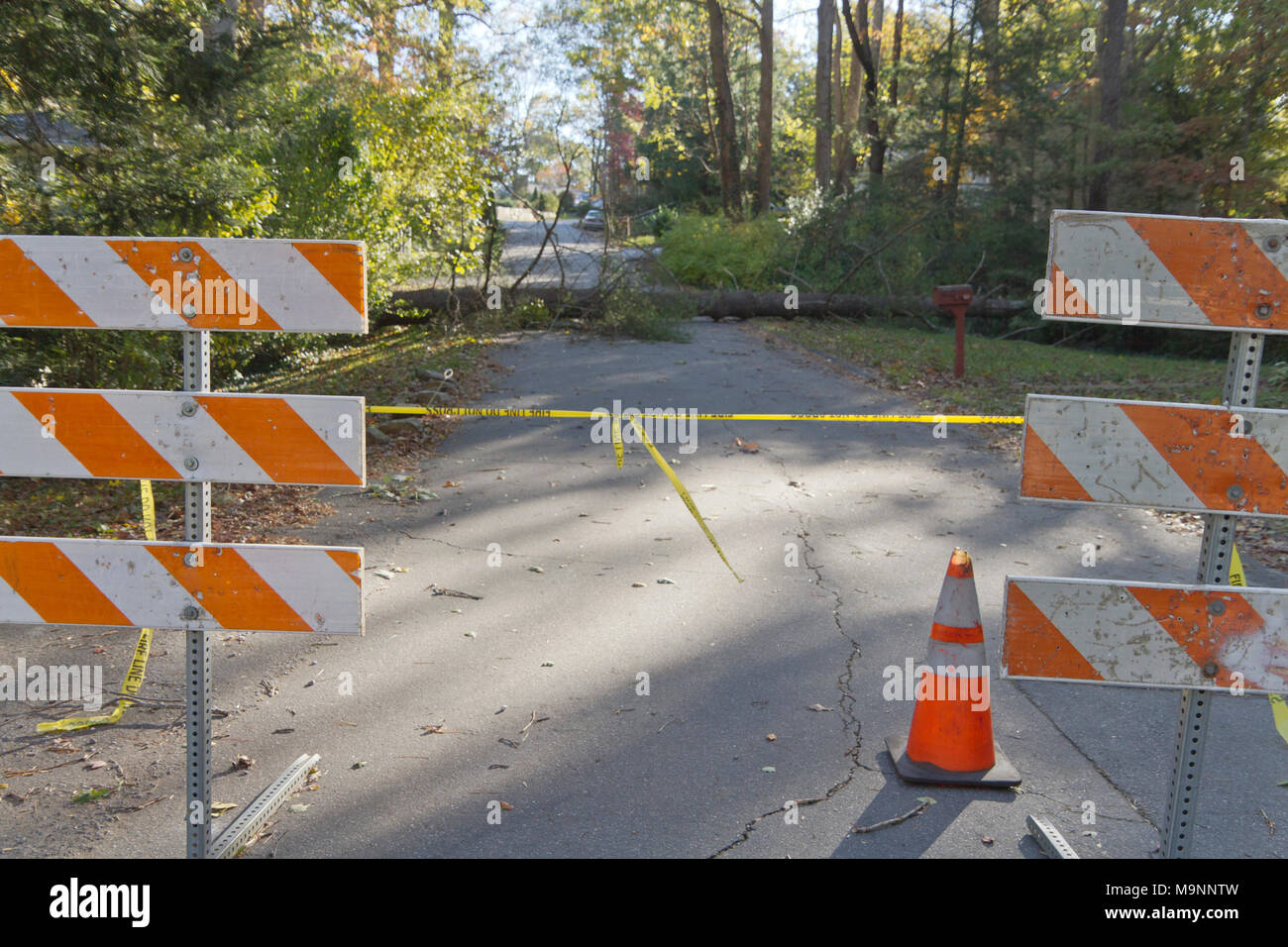 Yellow tape and a roadblock fence block access to a road where a large ...