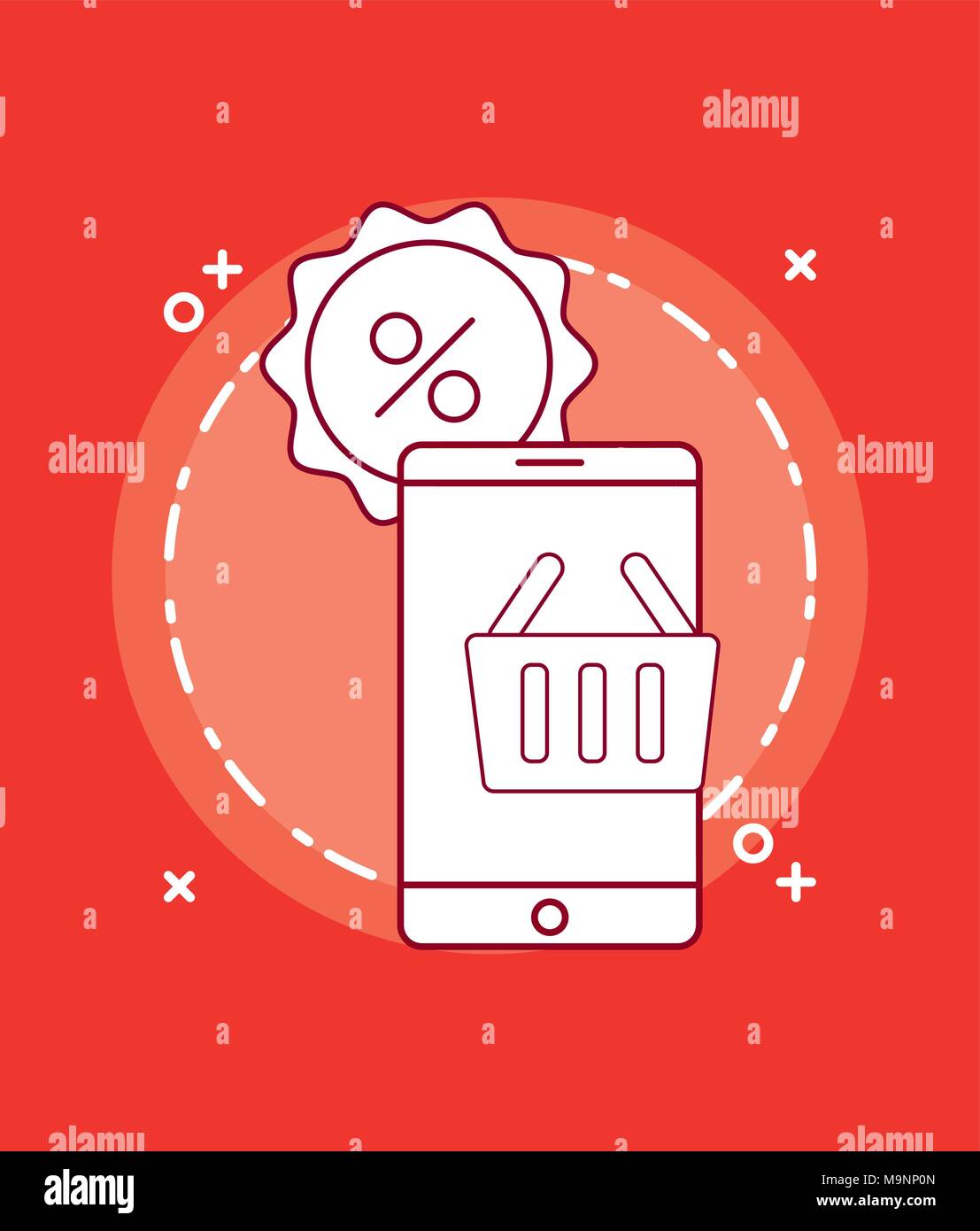 smartphone with shopping basket and seal stamp with percentage icon ...