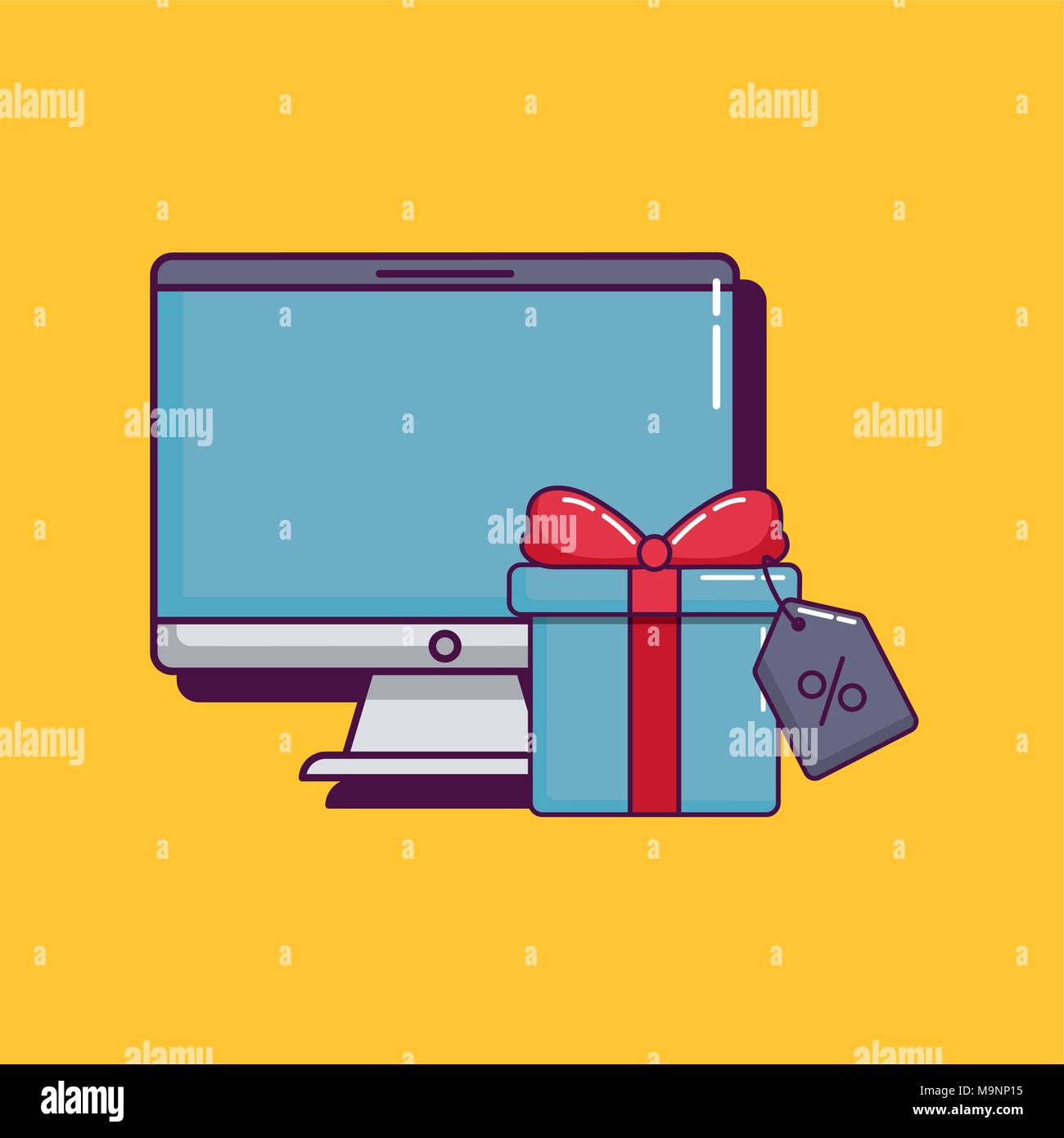 computer and gift box over yellow background, colorful design. vector ...