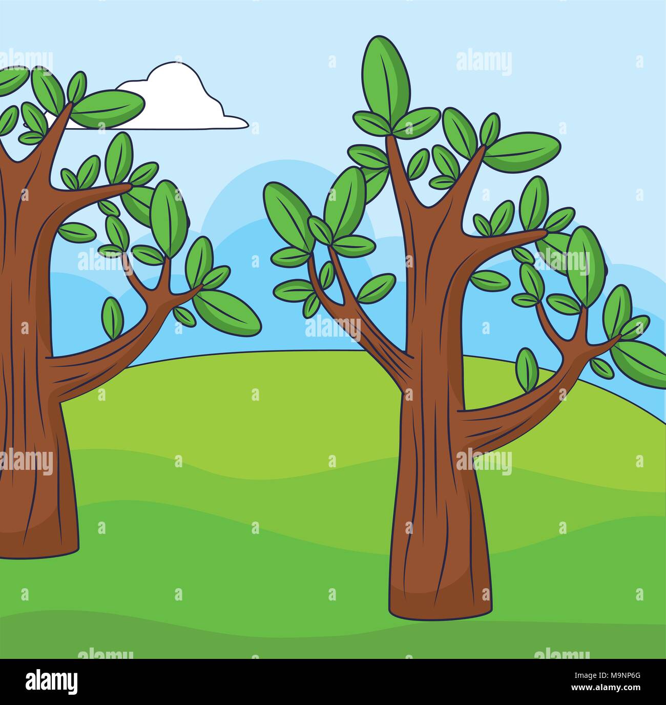 Cartoon landscape with tress, colorful design vector illustration Stock ...
