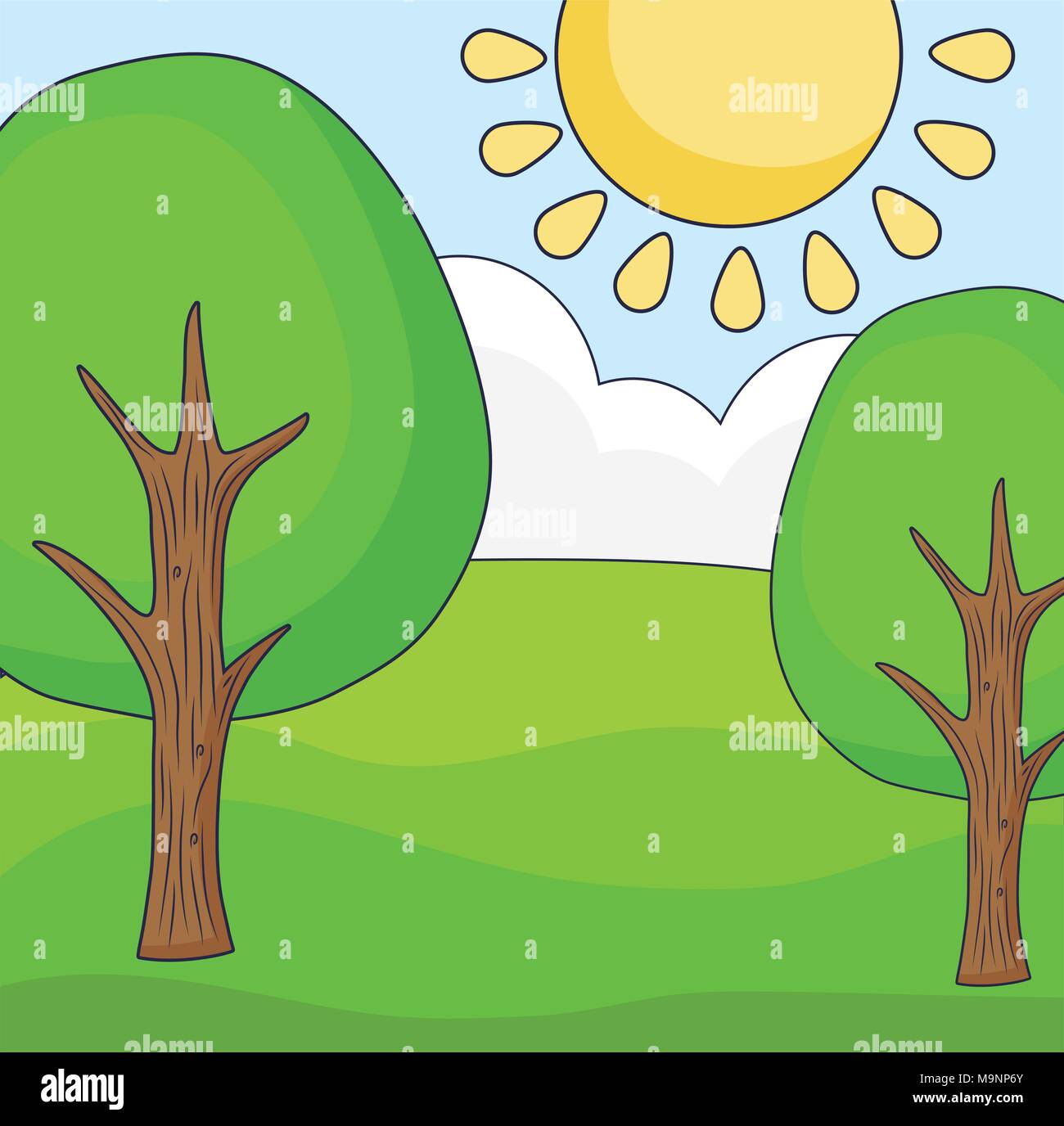 Cartoon landscape with tress, colorful design vector illustration Stock ...