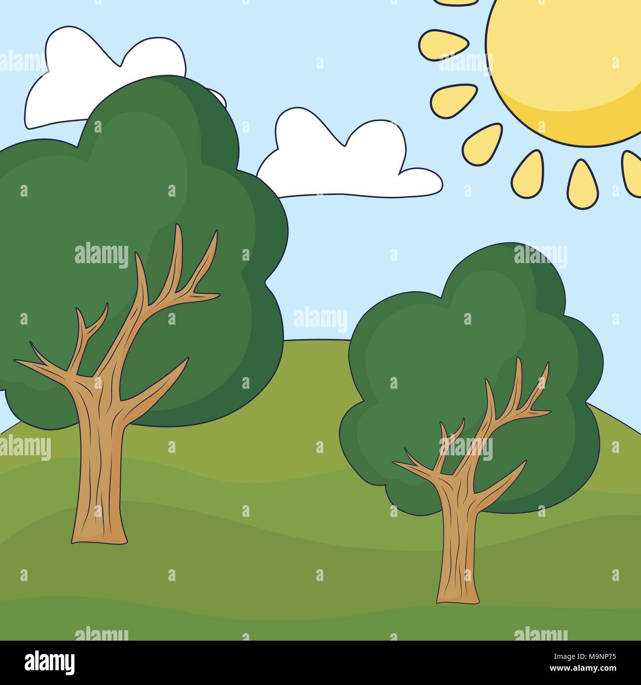 Cartoon landscape with tress, colorful design vector illustration Stock ...