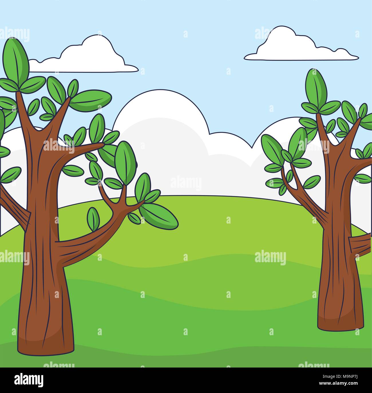 Cartoon landscape with tress, colorful design vector illustration Stock ...