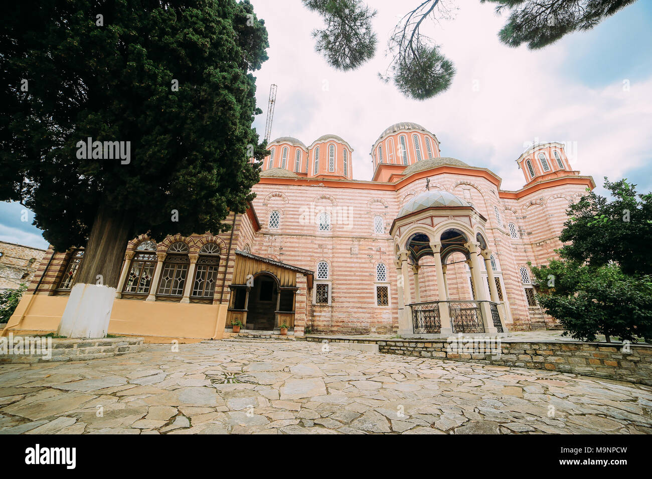 the courtyard of the Greek Orthodox monastery on the holy mountain ...