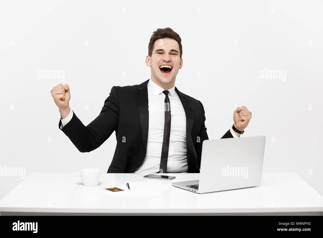 Office, business, technology, finances and internet concept - smiling ...