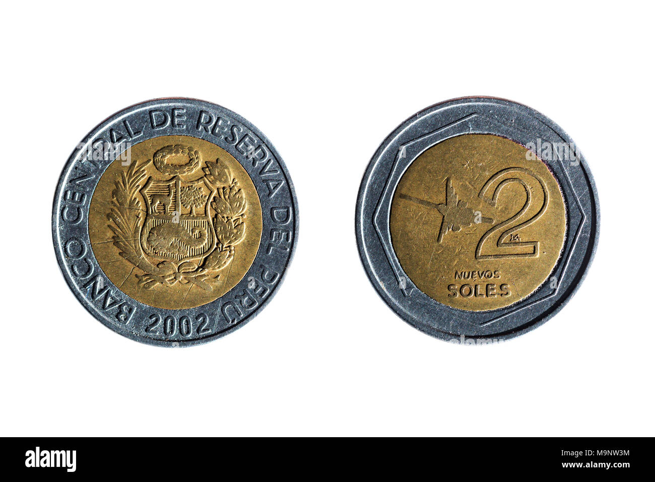 front and back of peruvian currency of two suns on white background ...