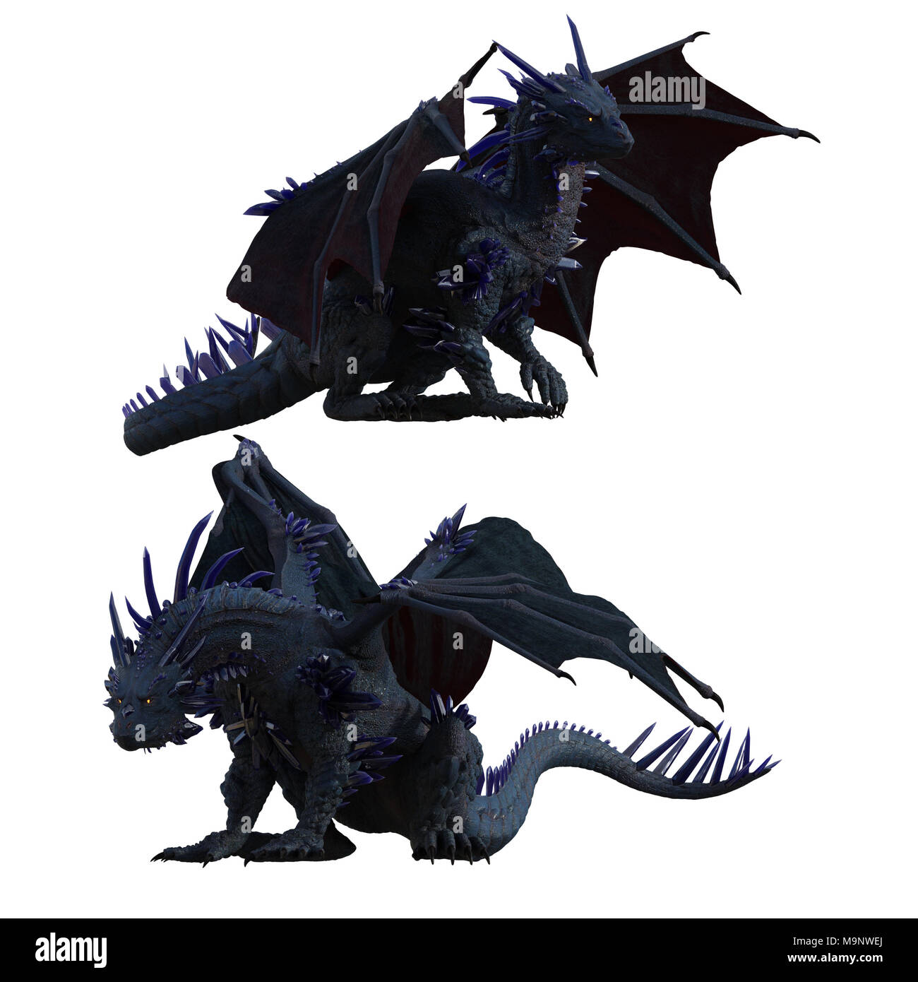 Blue dragon white blue crystal over body, isolated on white, 3d render ...