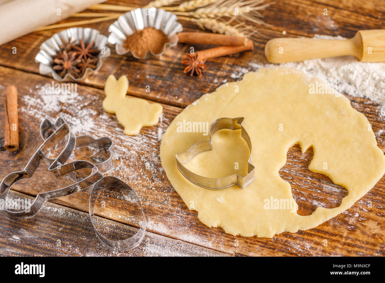 Dough and culinary forms for baking cookies of different types. Still ...