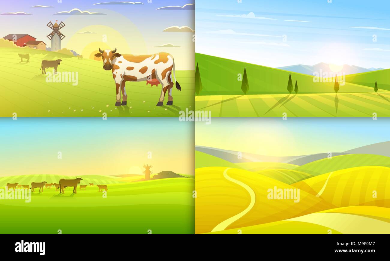 Rural landscape. Farm Agriculture. Vector illustration. Poster with ...