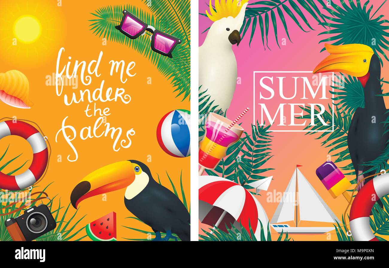 Nautical Summer cards. Marine vacation on the beach. Tropical ...