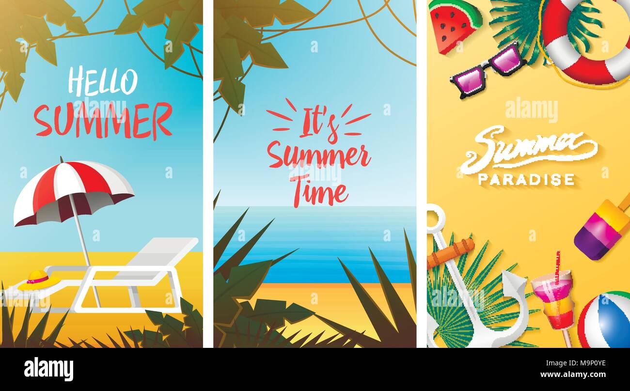 Nautical Summer cards. Marine vacation on the beach. Tropical plants ...
