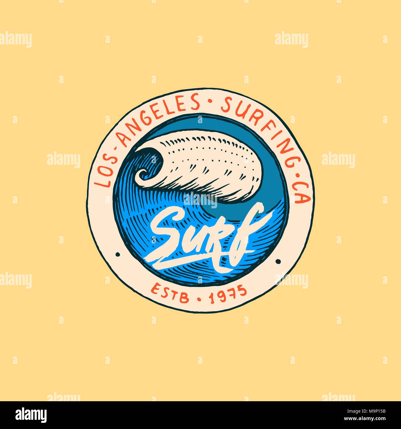 Surf badge, wave and ocean. vintage retro background. tropics and ...
