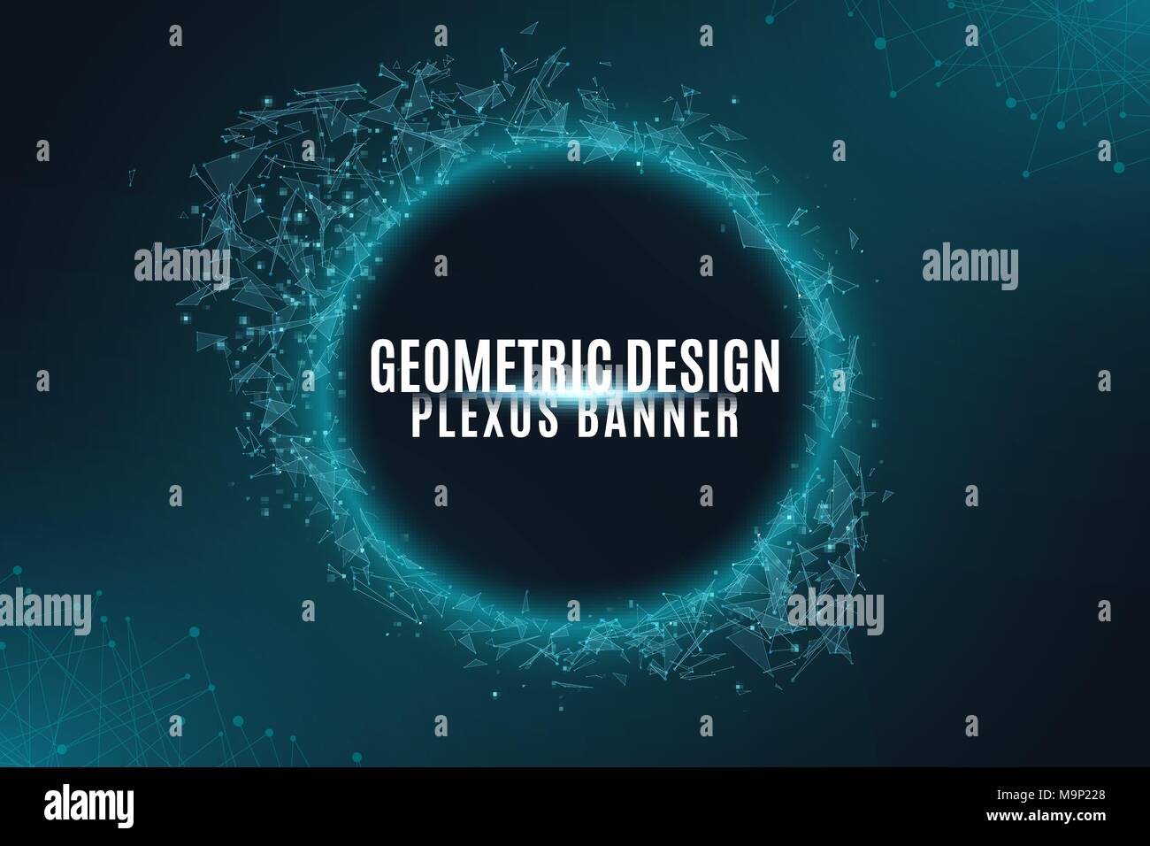 Geometric plexus banner of flying geometric particles on a black ...