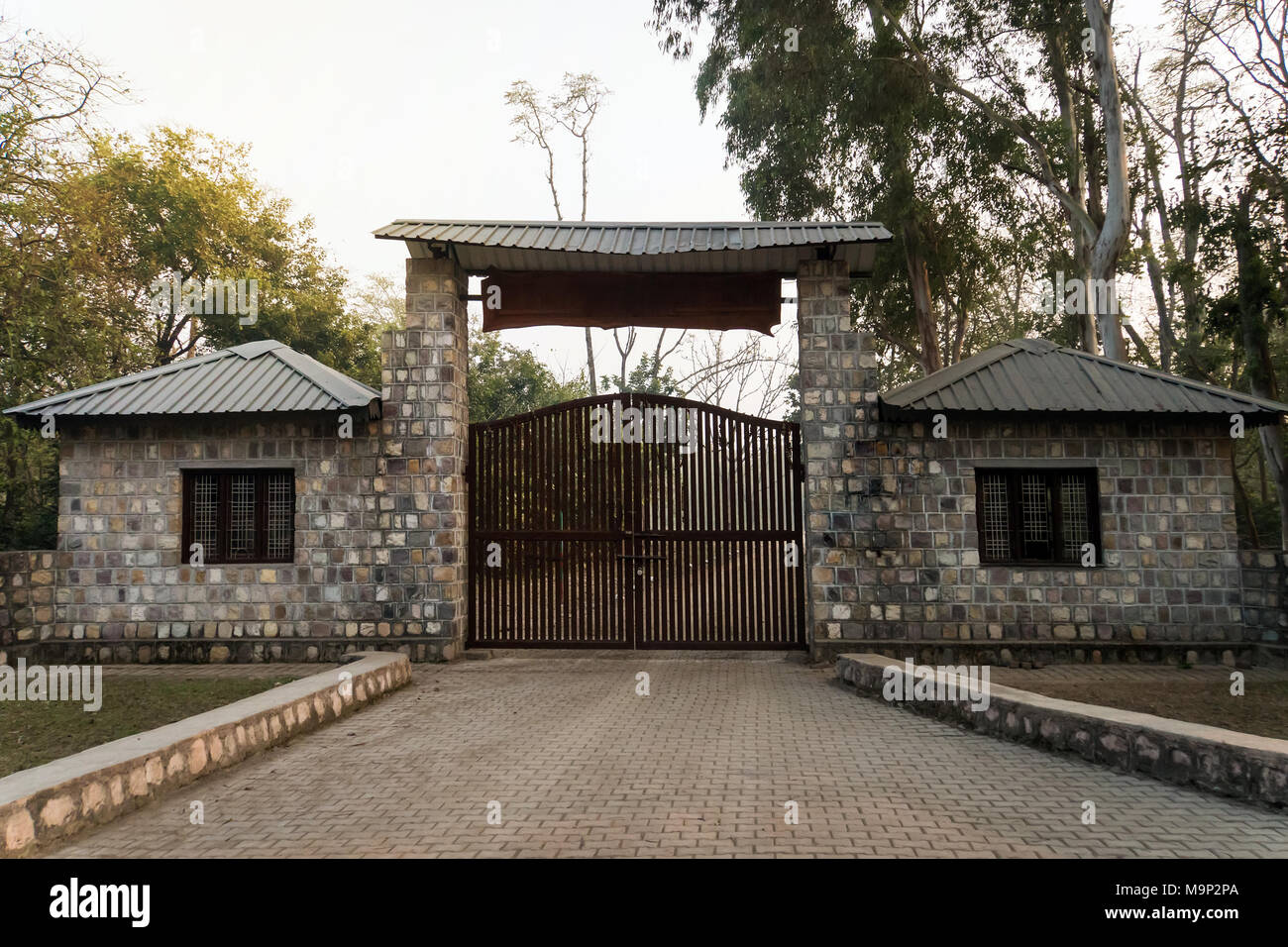 gate to the national Park. Closed door. Checkpoint on the road. Point ...