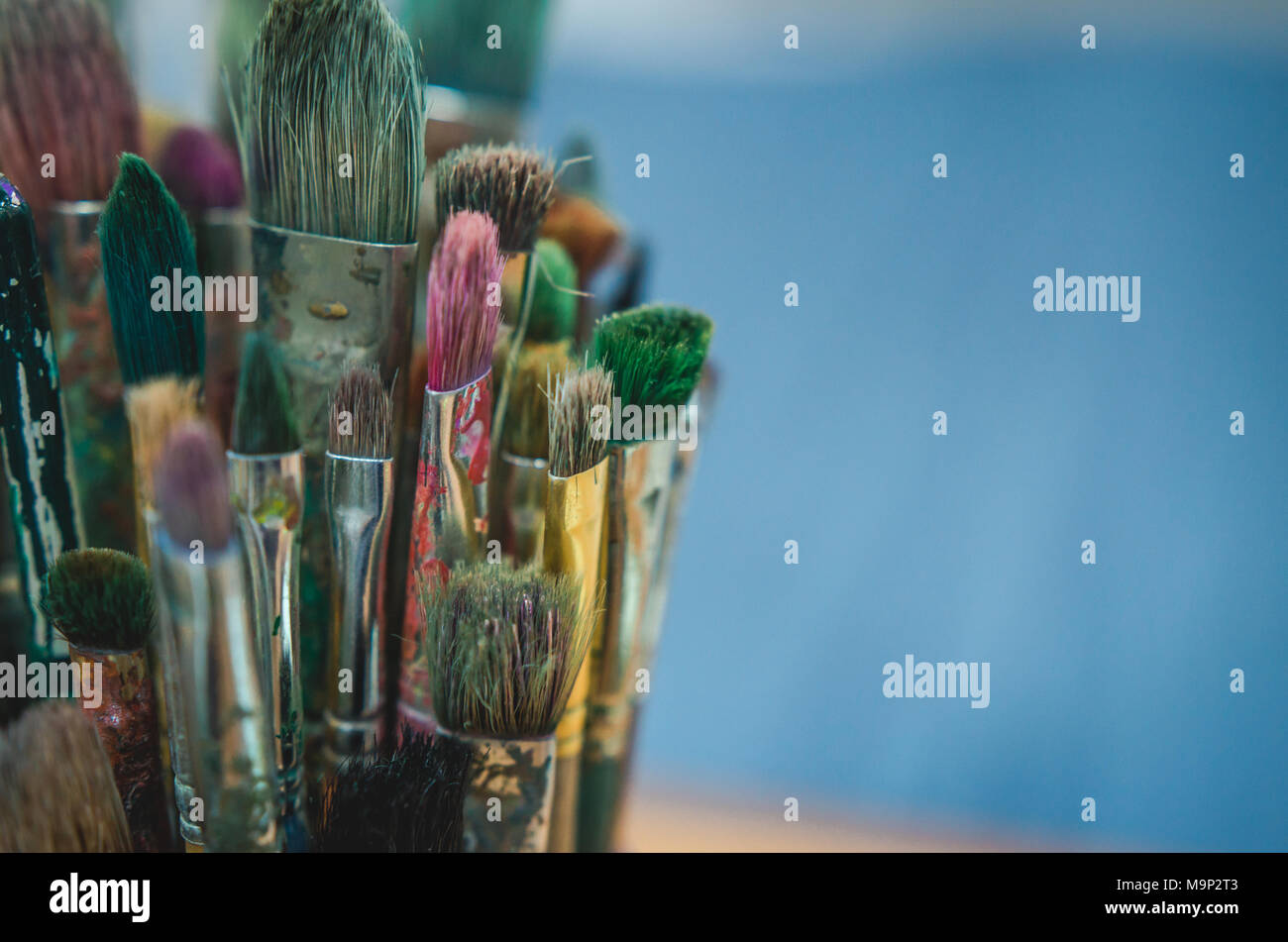 Set of artistic multicolor brushes on a blue background. Soft focus ...