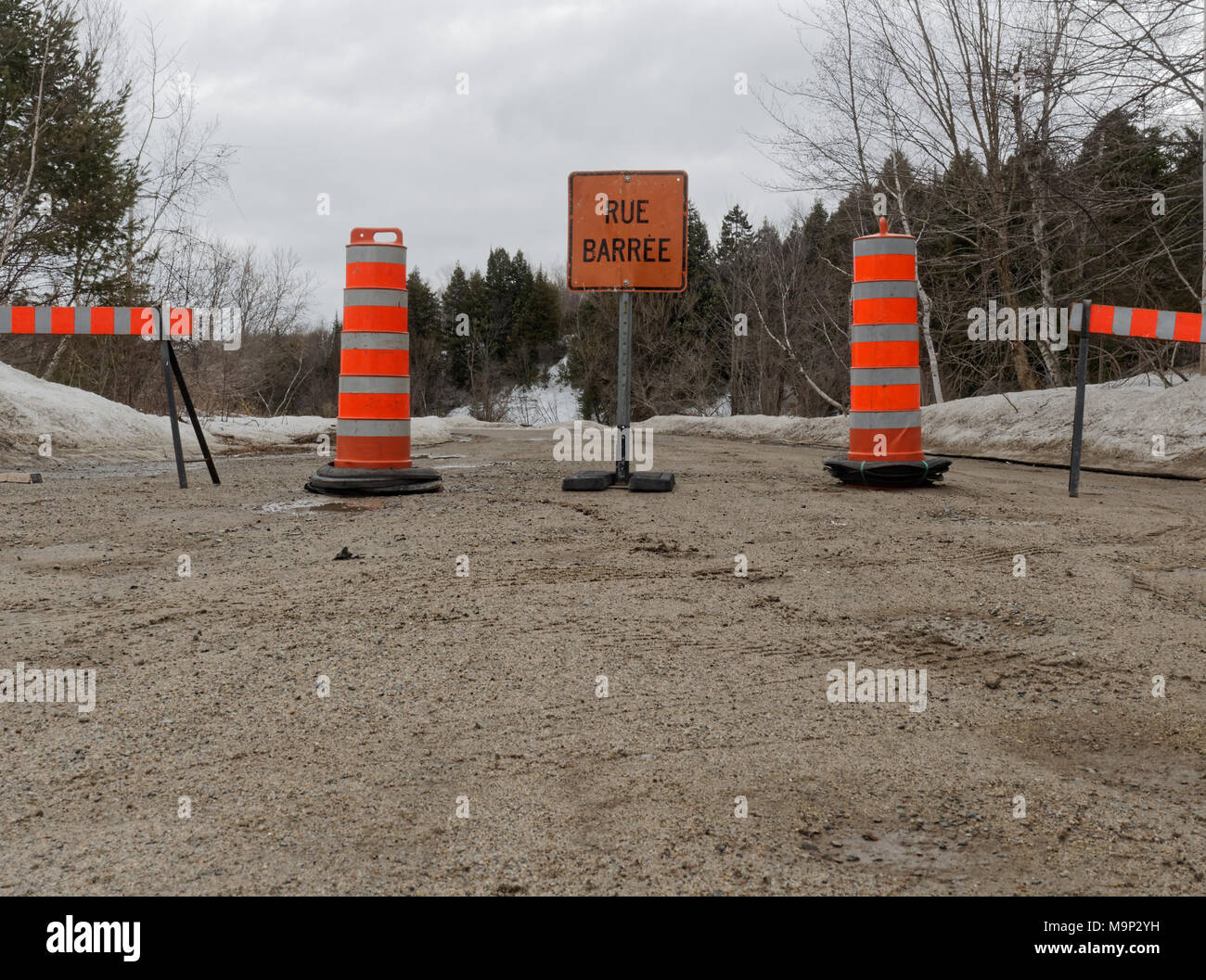 Quebec,Canada. Road closed due to spring flooding.in Rawdon Stock Photo ...