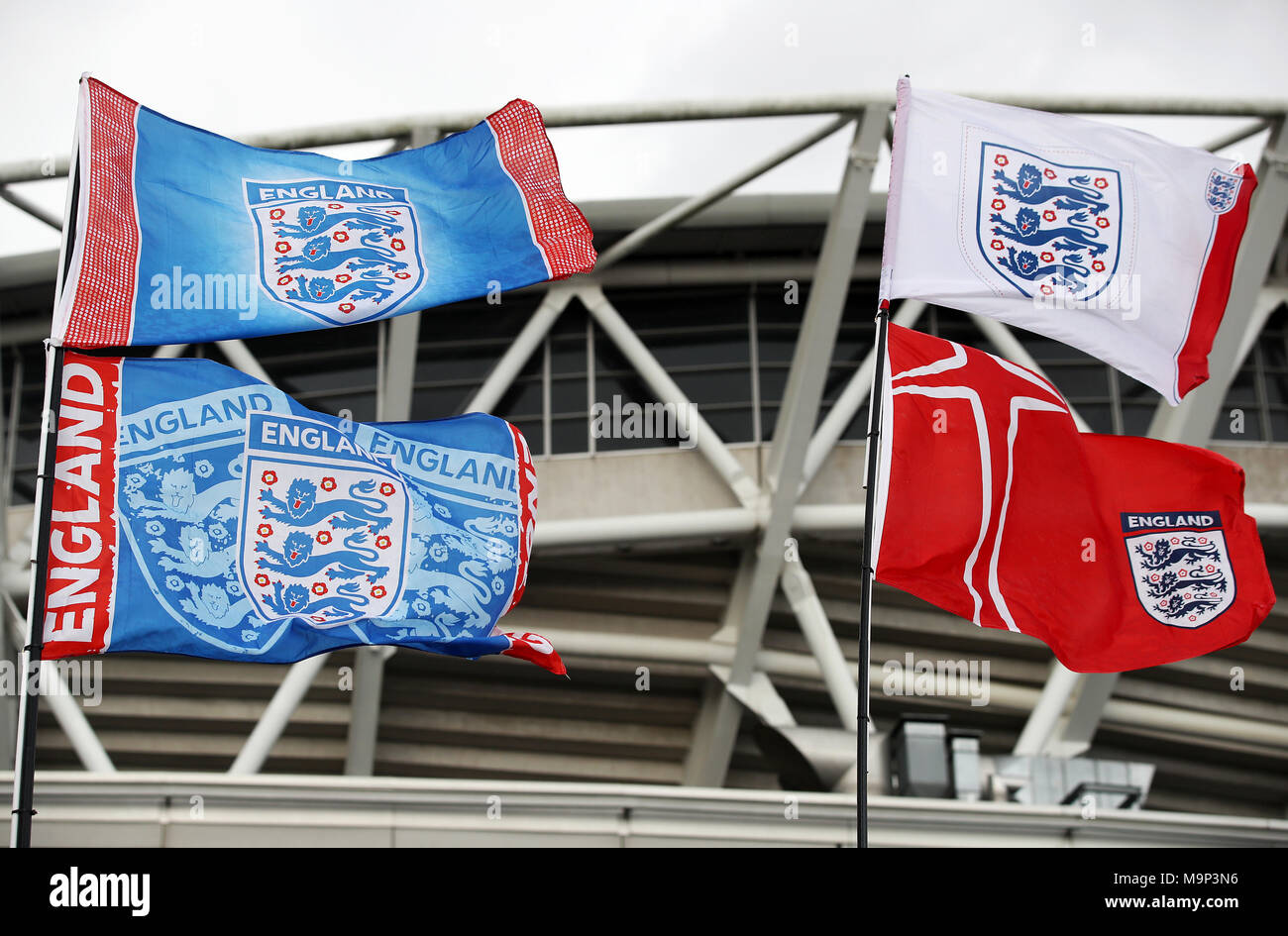 England flags wave in the breeze outside the ground before the ...