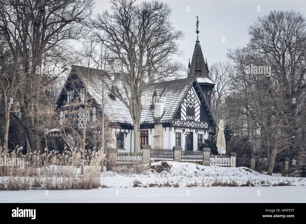 Beautiful historic castle in a winter scenery. Historic Hunting Palace ...