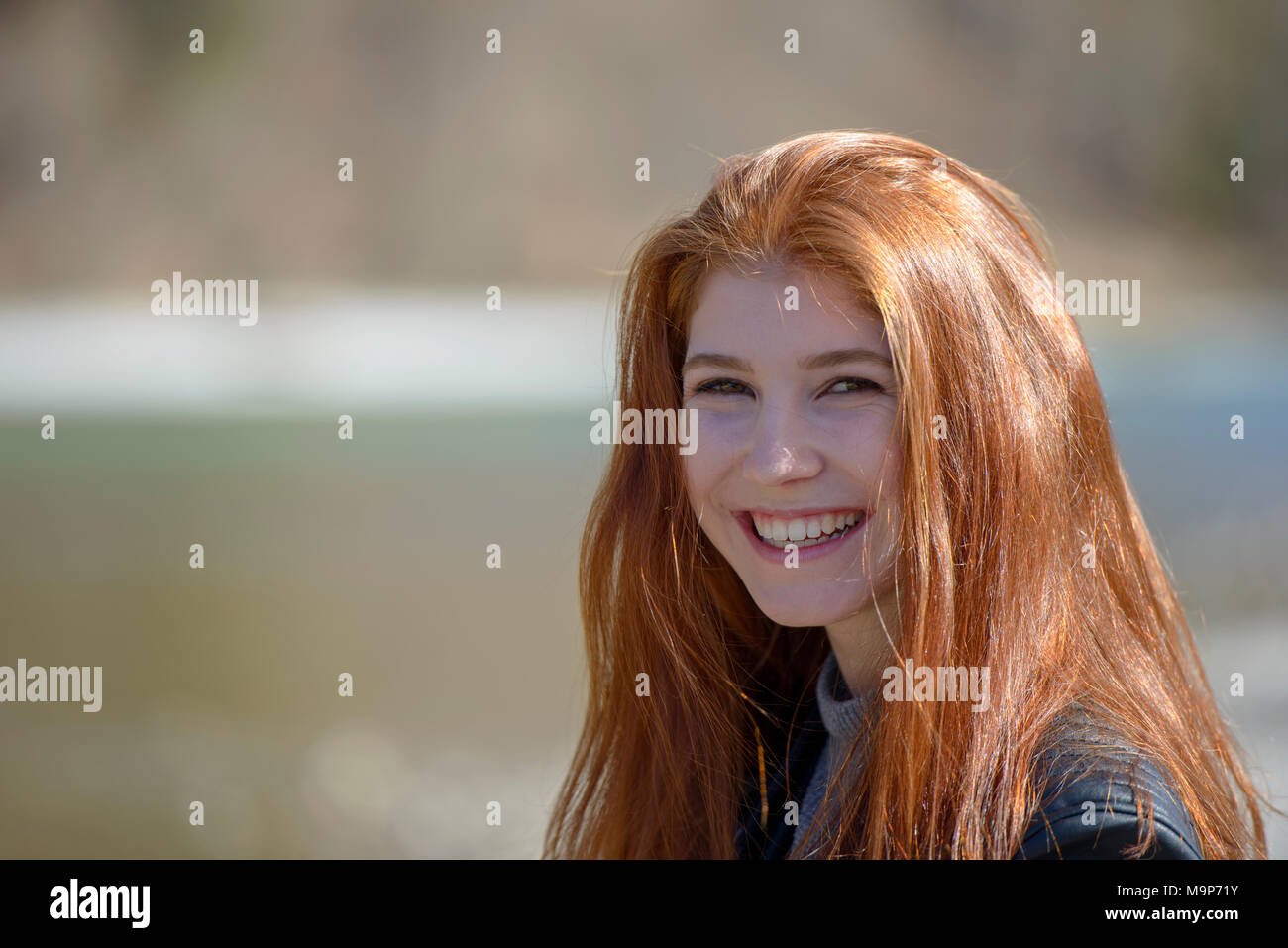 Portrait, young woman, girl, teenager with long red hair, Bavaria ...