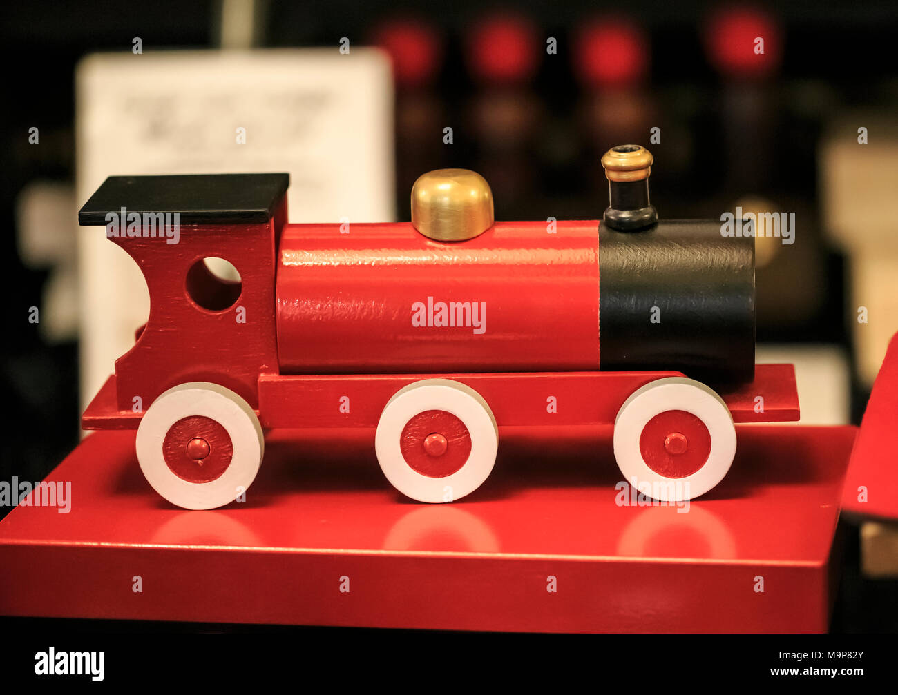 Wooden red toy train Stock Photo - Alamy