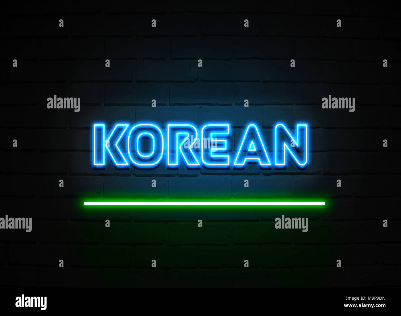 Korean neon sign - Glowing Neon Sign on brickwall wall - 3D rendered ...