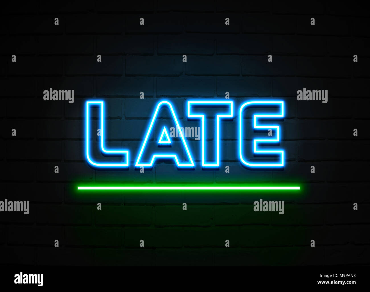 Late neon sign - Glowing Neon Sign on brickwall wall - 3D rendered ...