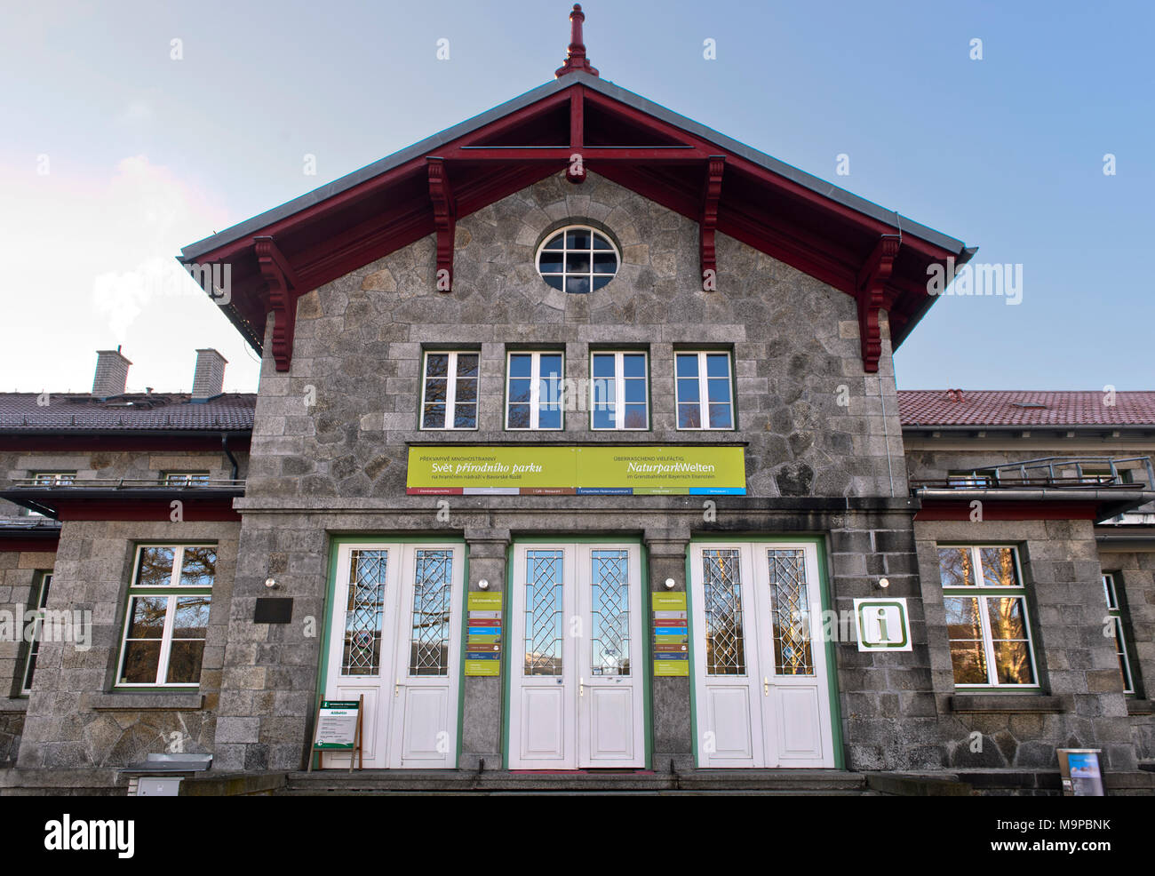 Divided border station Zelezna Ruda-Alzbetin with state border through ...
