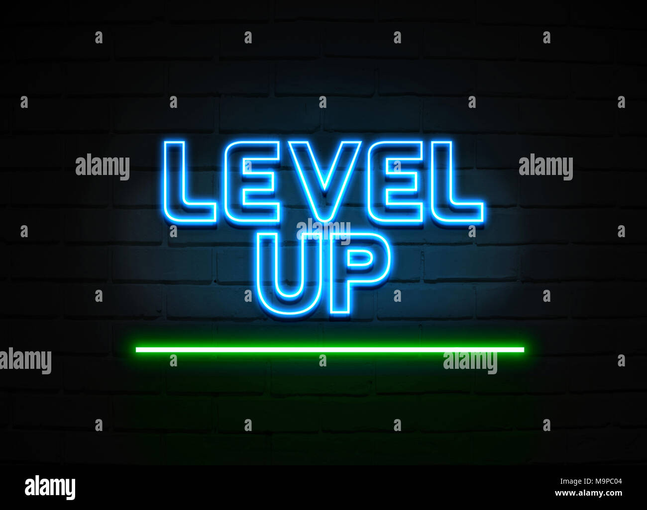 Level Up neon sign - Glowing Neon Sign on brickwall wall - 3D rendered ...