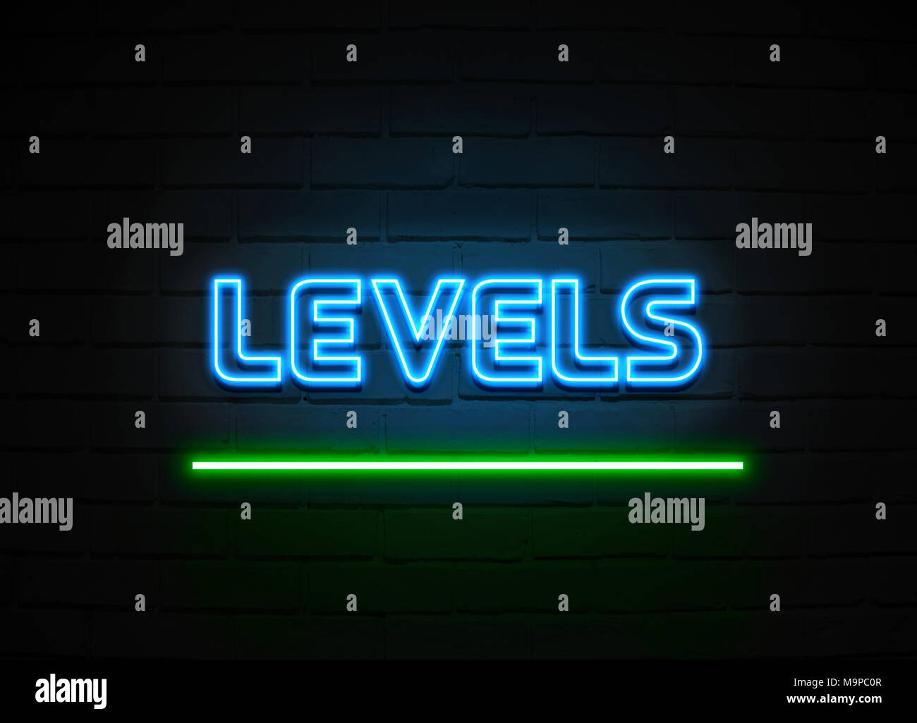 Levels neon sign - Glowing Neon Sign on brickwall wall - 3D rendered ...