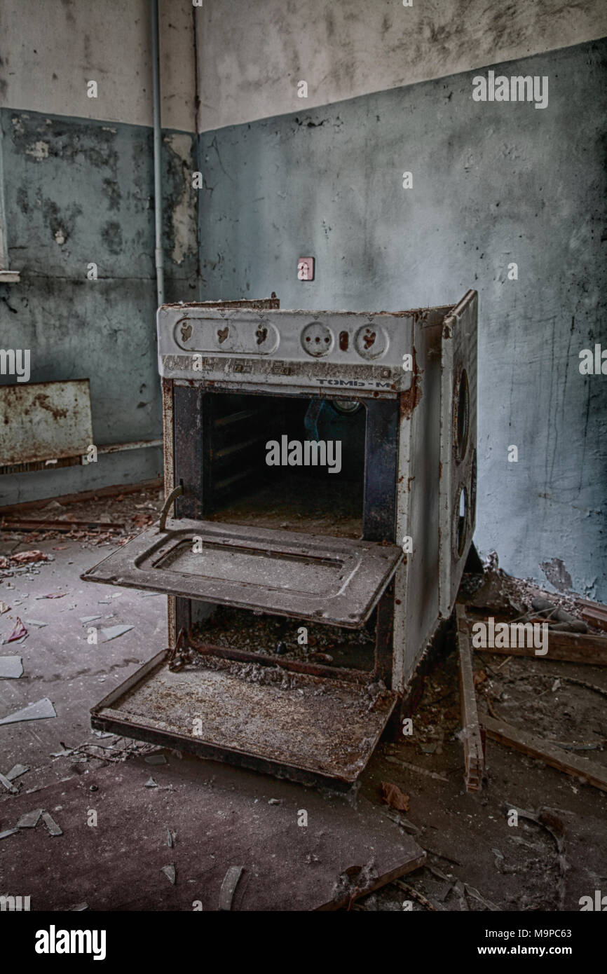 Kitchen stove in destroyed room, ghost town Prypyat in the Chernobyl ...