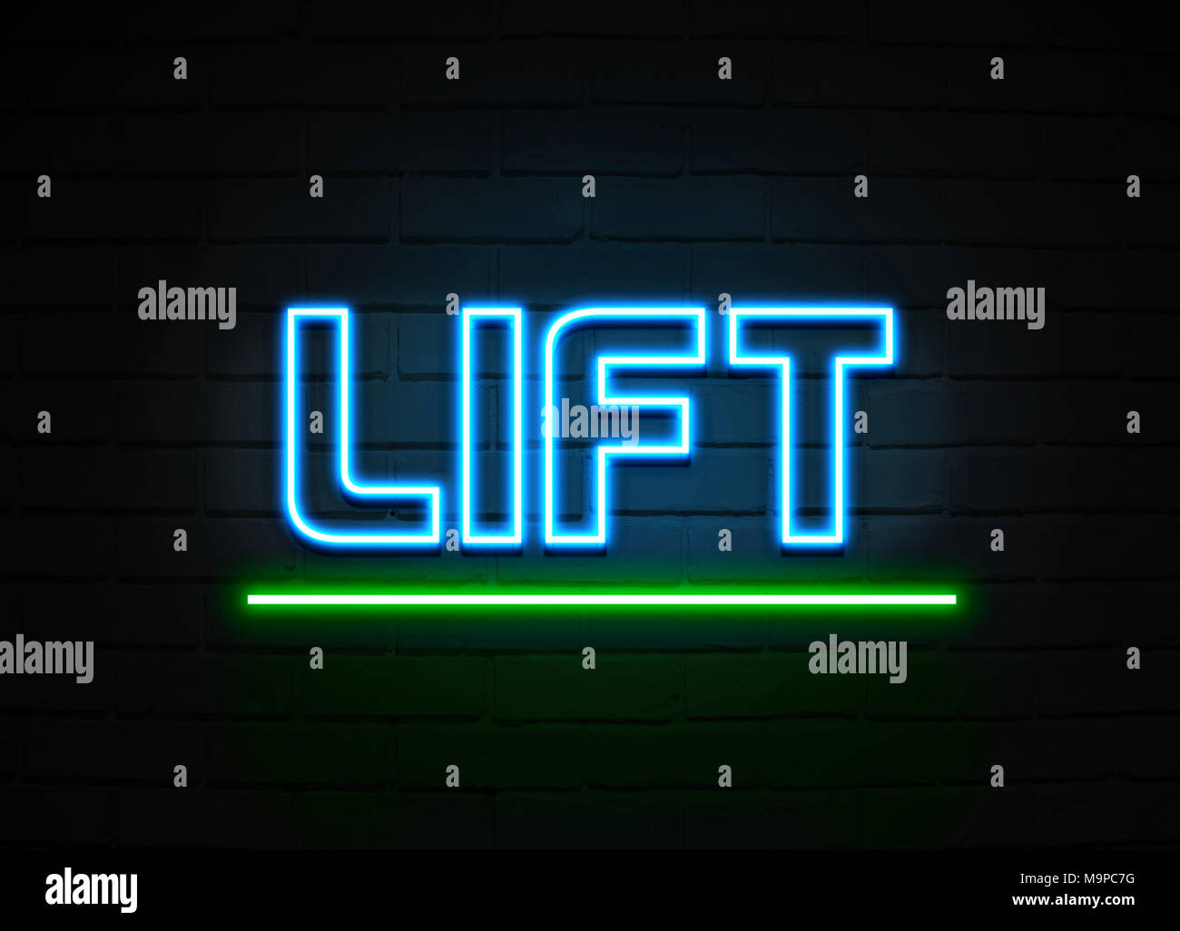 Lift neon sign - Glowing Neon Sign on brickwall wall - 3D rendered ...