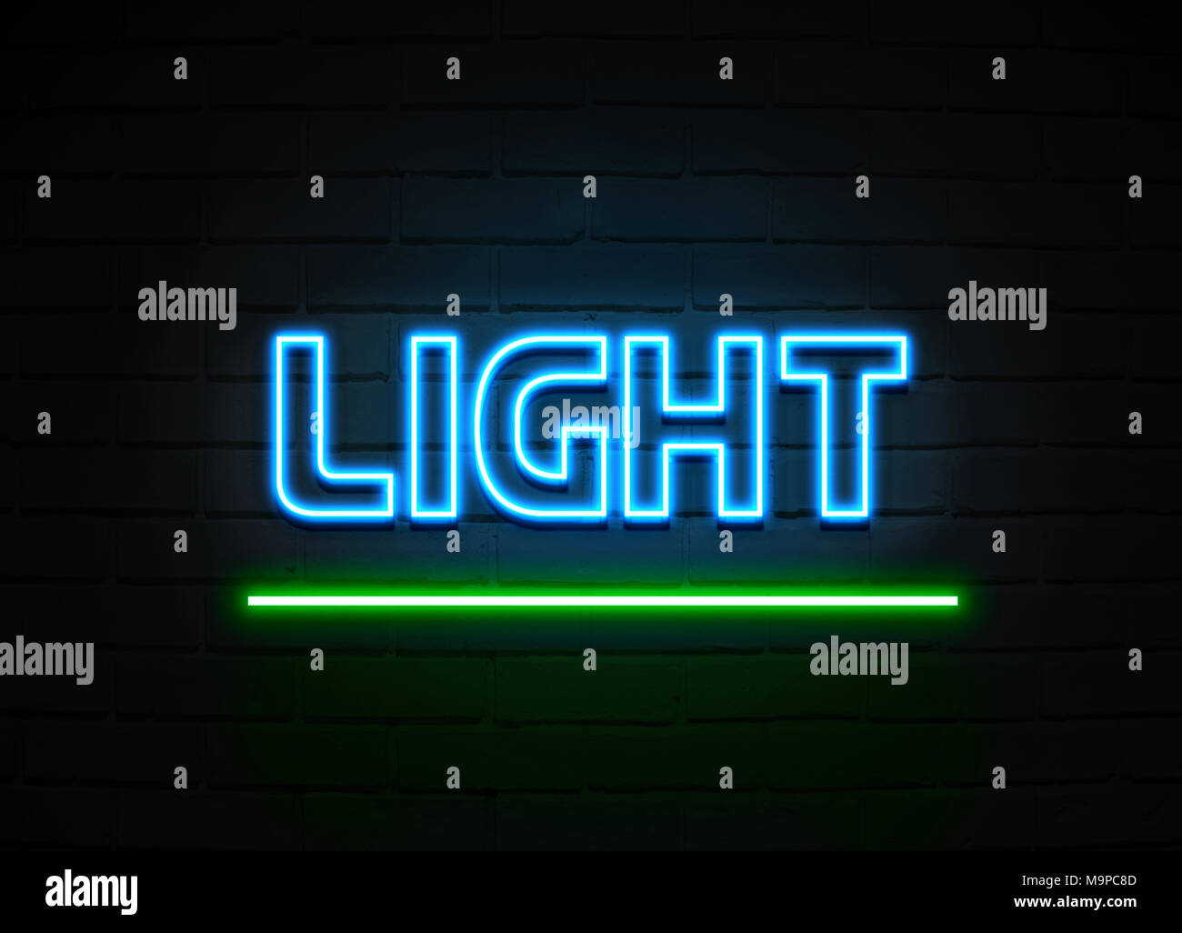 Light neon sign - Glowing Neon Sign on brickwall wall - 3D rendered royalty free stock ...