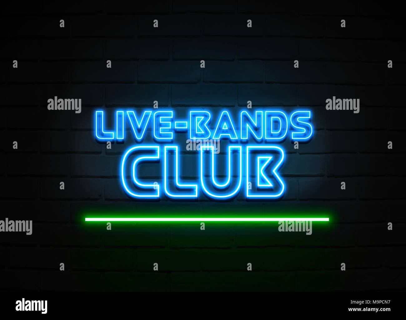 Live-bands Club neon sign - Glowing Neon Sign on brickwall wall - 3D ...