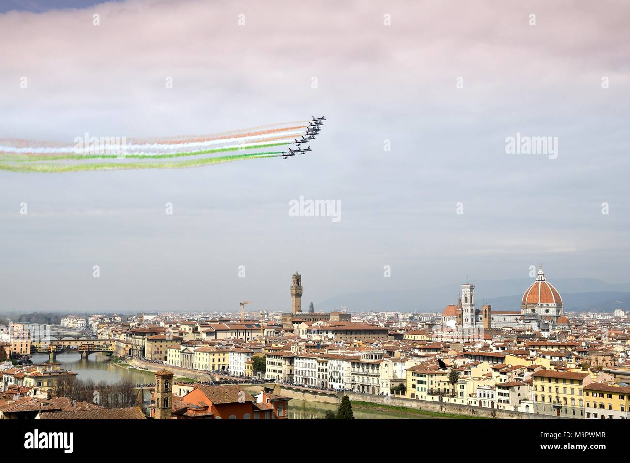 Florence, Italy - 28th March, 2018. Airshow of PAN Frecce Tricolori ...