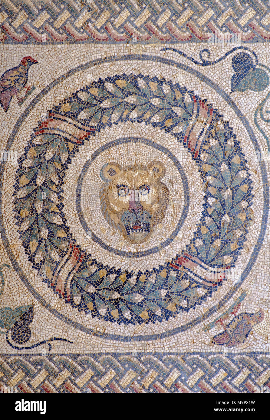 Lion's head, antique Roman floor mosaic, Villa Casale, Villa Romana del ...