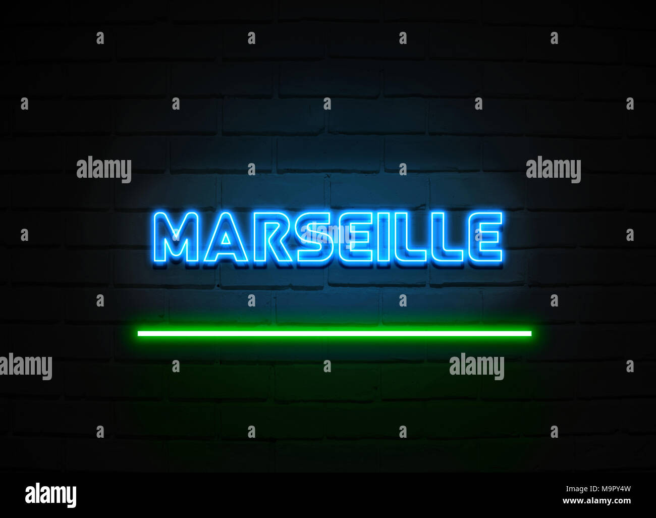 Marseille neon sign - Glowing Neon Sign on brickwall wall - 3D rendered ...