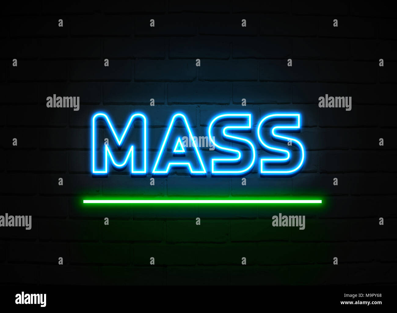 Mass neon sign - Glowing Neon Sign on brickwall wall - 3D rendered ...