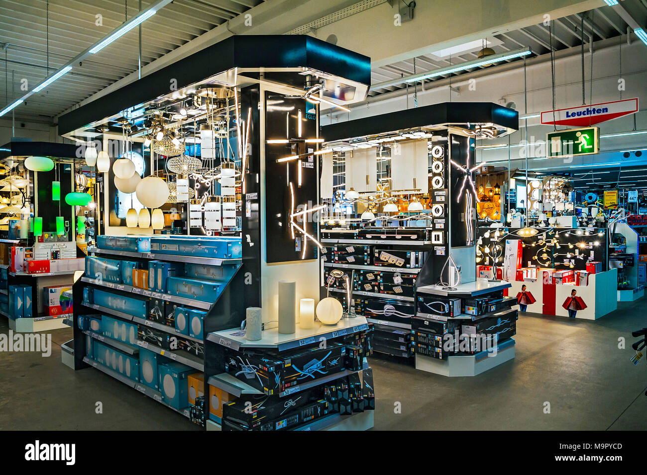 Lamps department, various lamps and lights, hardware store, interior ...