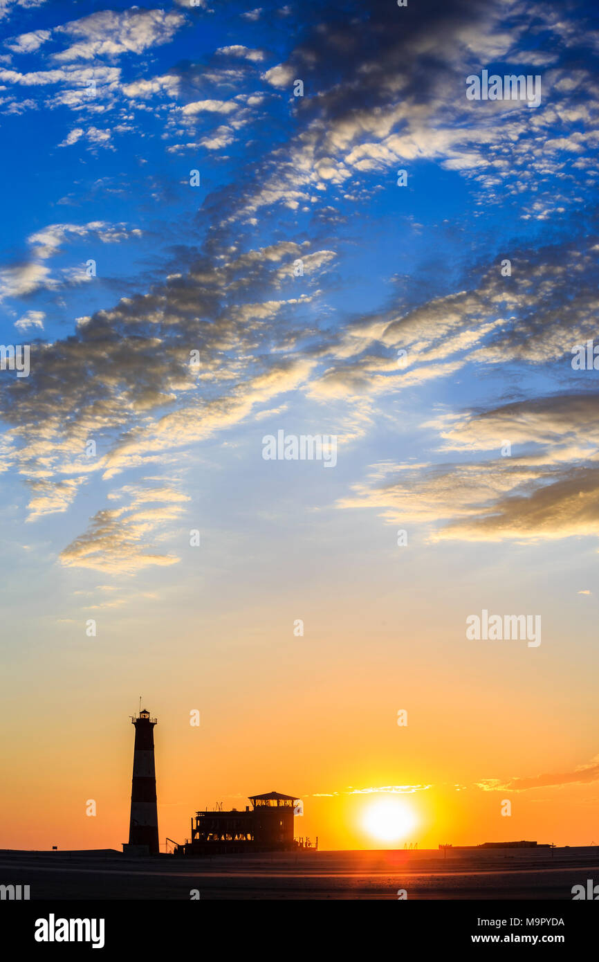 Silhouettes, Lighthouse and Lodge at sunset, Pelican Point, Walvis Bay ...